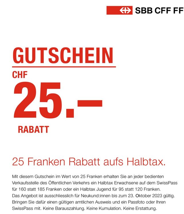 SBB Halbtax 25.- CHF Rabatt (Neu (gemäss Beschreibung)) in Kloten für CHF 1 – mit Lieferung auf ...