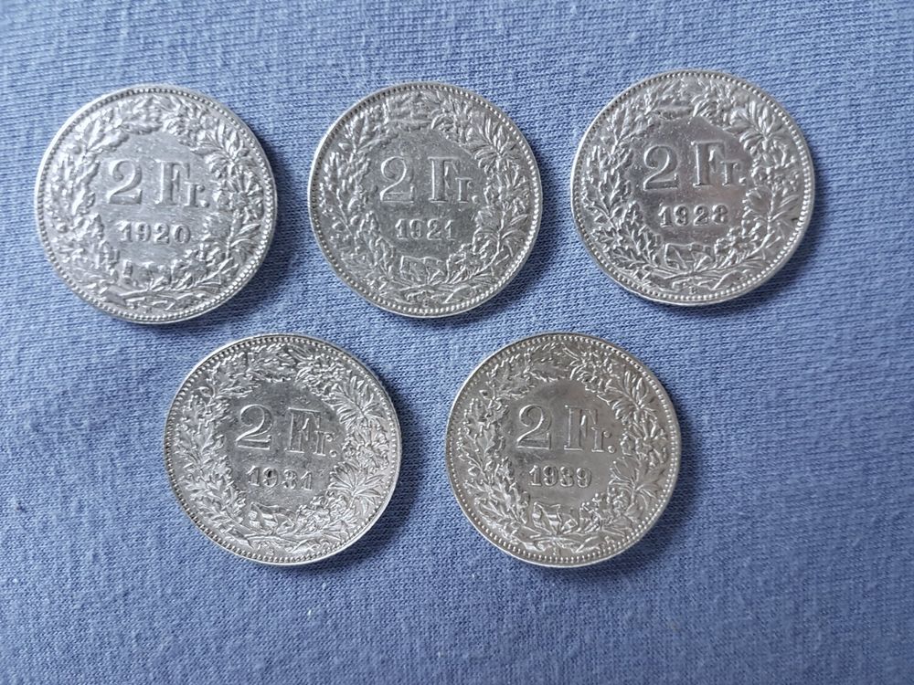 5 x 2 Fr Silbermünzen 1920-1921-1928-1931-1939 ab nur 1 Fr ! (Gebraucht) in Camignolo für CHF 28 ...