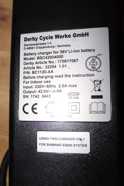 Derby Cycle Ladegerät, 36V Li-Ion Battery | Kaufen auf Ricardo