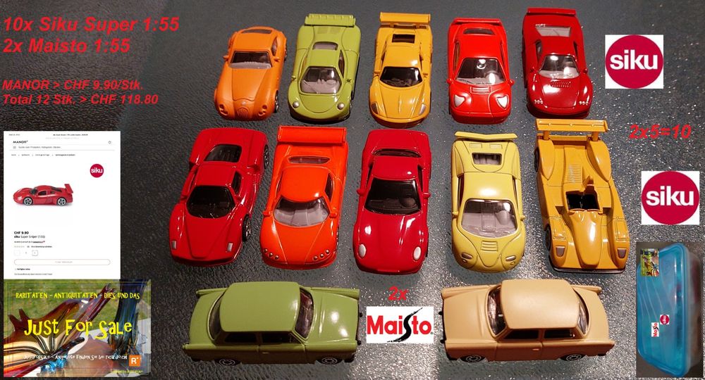 SIKU SUPER 1:55 - 10 Sportautos und MAISTO 2 Trabant + Box (Neu (gemäss ...