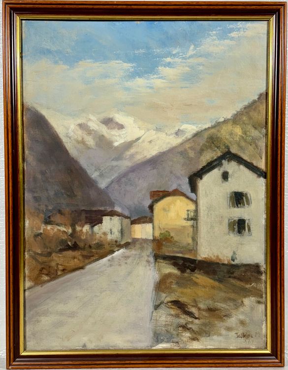 Alte Dorf Ansicht mit Bergen Gemälde unleserlich Signiert | Kaufen auf Ricardo