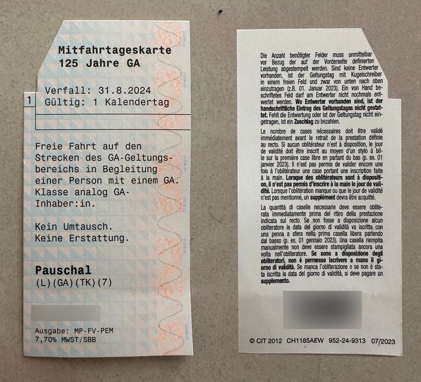 SBB Mitfahrtageskarte 1.Kl.od. 2Kl. !! (Begleit-GA) (Gebraucht) in ...