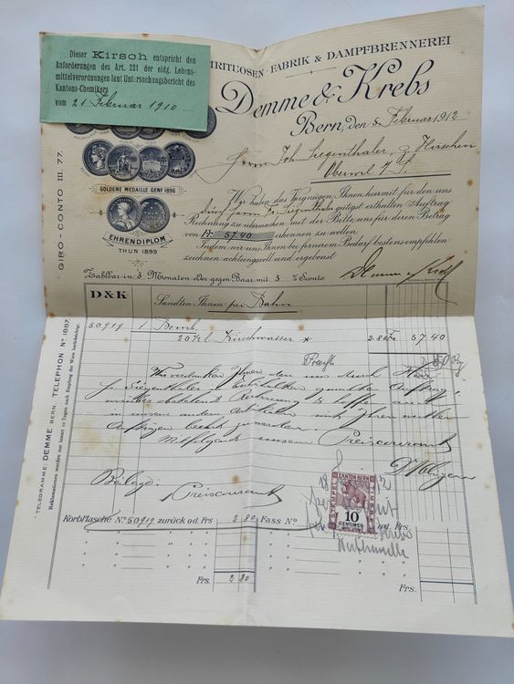 Alte Rechnung, Demme & Krebs Bern Spirituosen Fabrik 1912 (Gebraucht) in Langendorf für CHF 3 ...