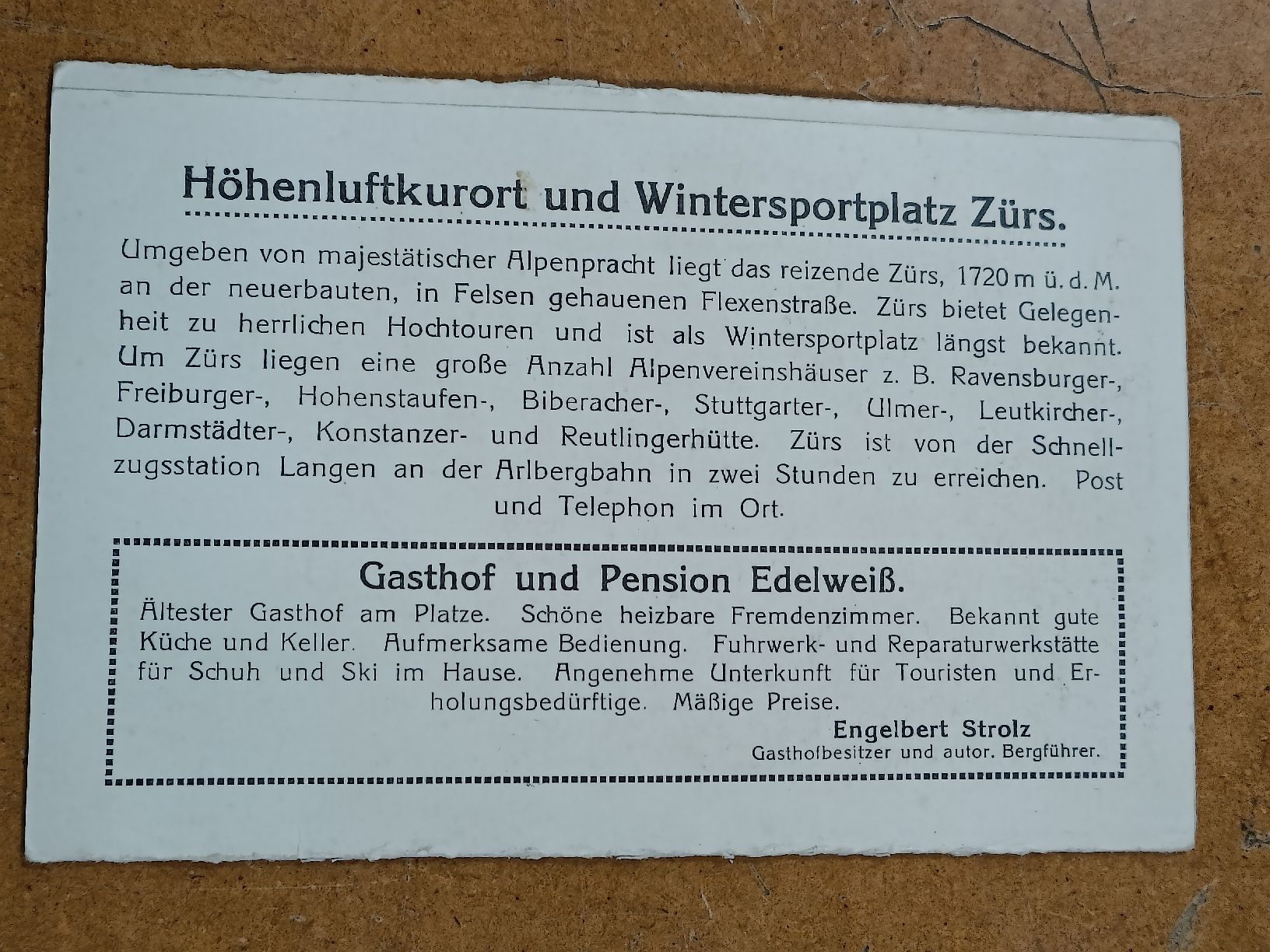 Litho Werbe Karte / Gasthof zum Edelweiss Kurort Zürs - 1910 (Gebraucht ...