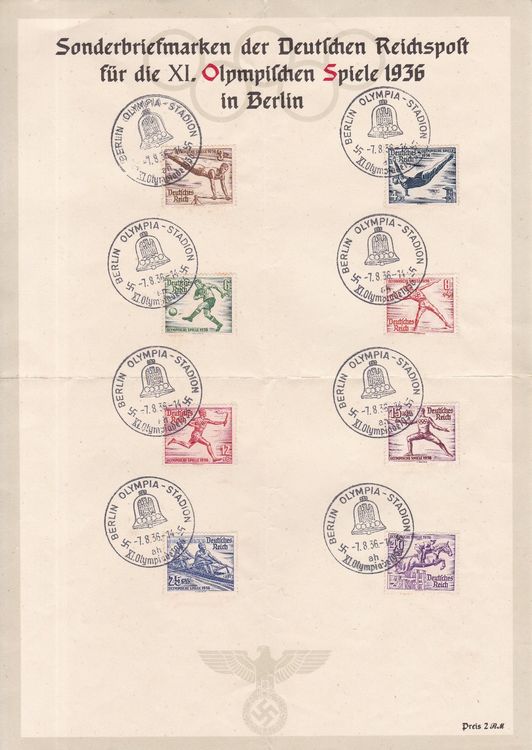 Briefmarken Blatt Dt. Reich 1936 "Olympische Spiele" (Gebraucht) in ...