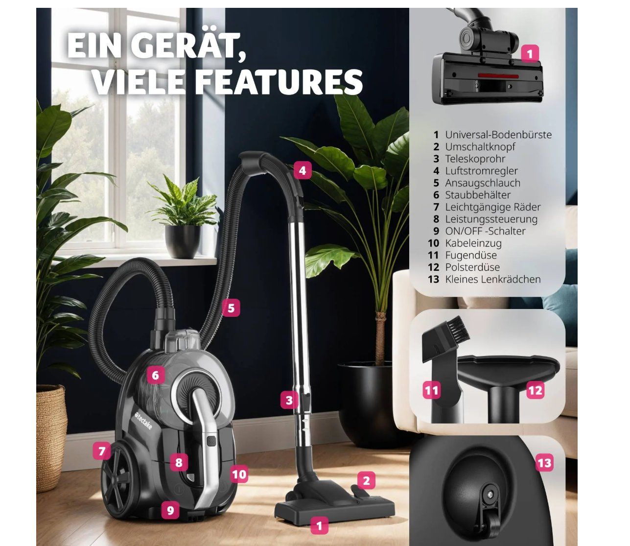 Staubsauger VC900 900 W, beutellos für Hartböden und Teppich (Neu ...