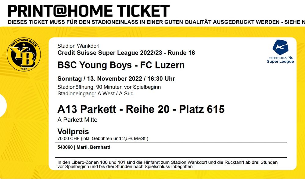 YB-Ticket BSC YB - Luzern 13.11.2022 (Neu und originalverpackt) in ...