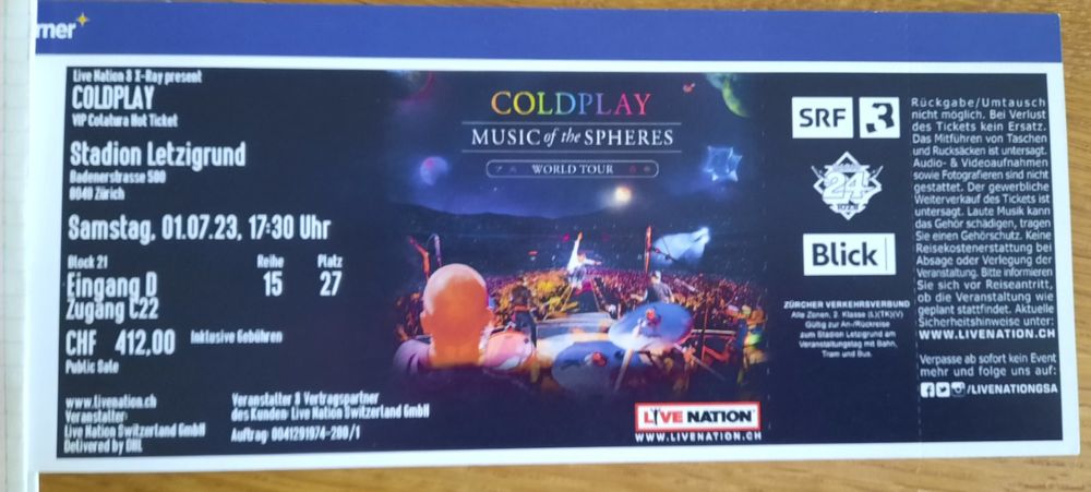 Coldplay 1x Sitzplatz VIP Colatura Hot (Neu (gemäss Beschreibung)) in ...