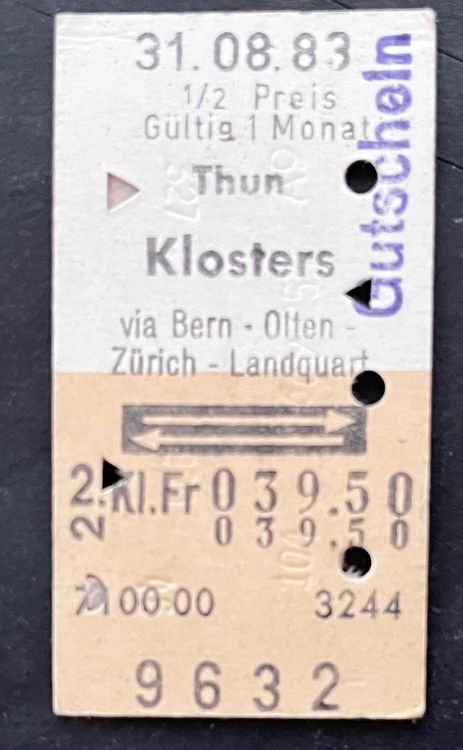 Thun Klosters via Bern - Olten Zürich Billett 1983 | Kaufen auf Ricardo