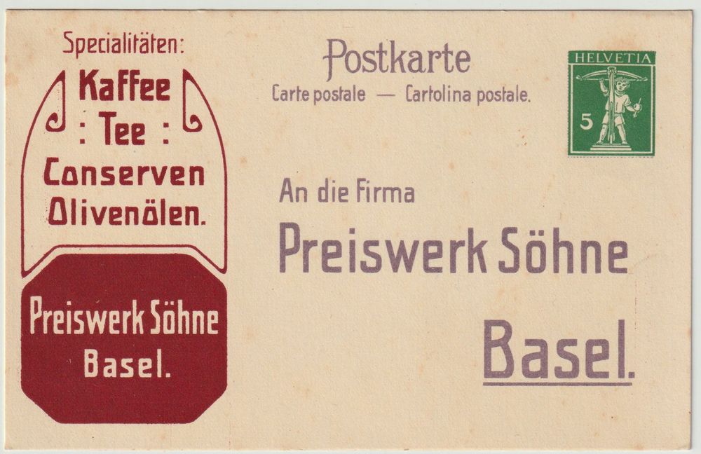 Künstlerkarte Reklame, Werbekarte Preiswerk Basel, Ganzsache (Gebraucht ...