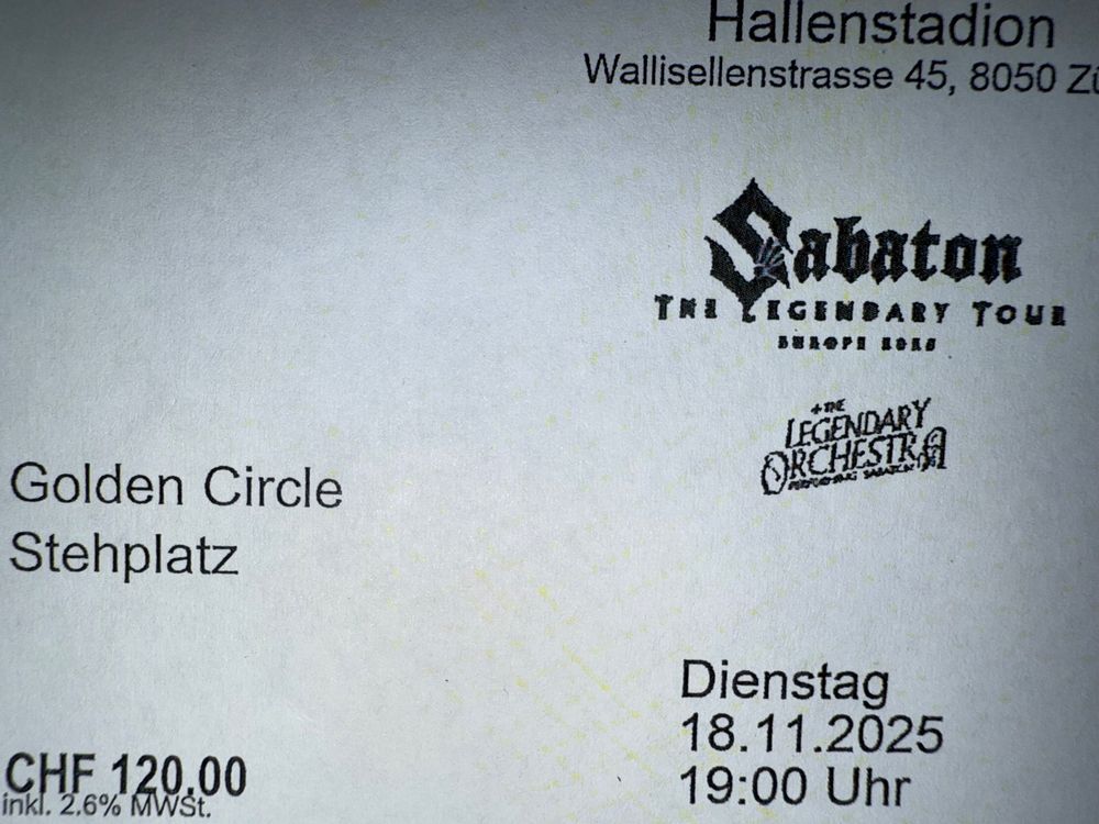 Sabaton Golden Circle Stehplatz Ticket (Neu (gemäss Beschreibung)) in ...
