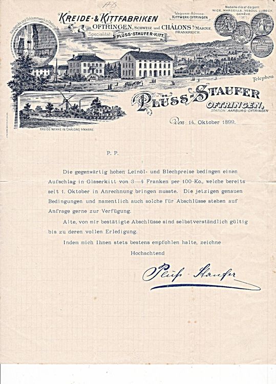 Briefkopf -Kreide-&Kittfabriken Plüss-Stauffer Oftringen1899 | Kaufen ...