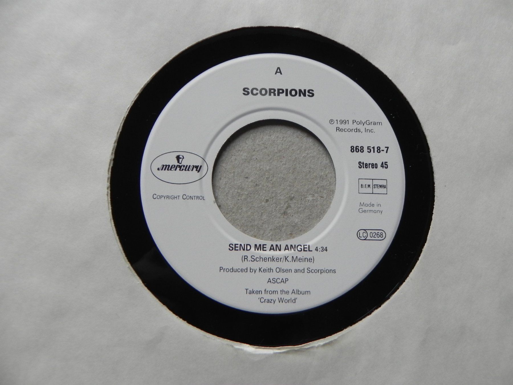 Single De Hardrock Rock Band Scorpions 1991 Send my an Angel (Gebraucht ...