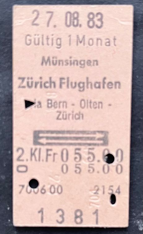 Münsingen Zürich Flughafen via Bern Olten / Billett 1983 | Kaufen auf Ricardo