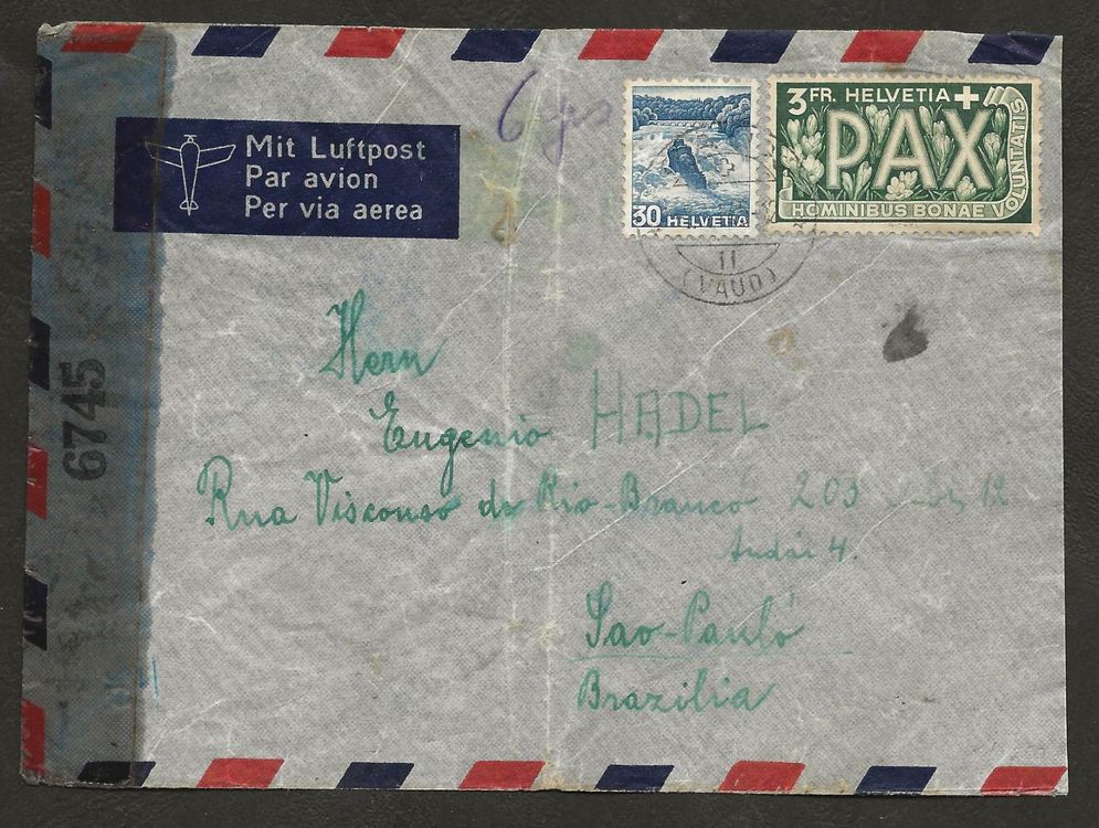 Flugpost Schweiz 1945 Brasilien Zensur PAX Luftpost | Kaufen auf Ricardo