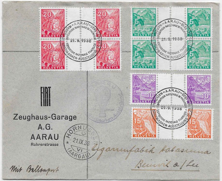 1938:Serie Zwischensteg senkr.perforiert Ballon-Brief Aarau (Gebraucht) in Walperswil für CHF 60 ...