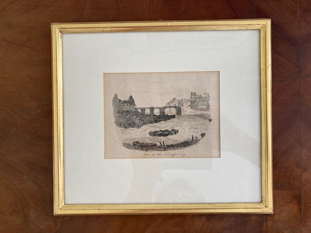 Radierung Laufenburg Rheinfall in überfälztem Goldrahmen | Kaufen auf Ricardo