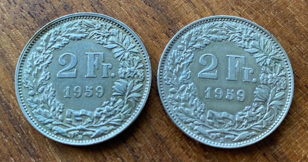 Schweiz 2 x 2 Franken 1959 Silber (Einzelverkauf möglich) (Gebraucht) in Opfikon für CHF 10.9 ...