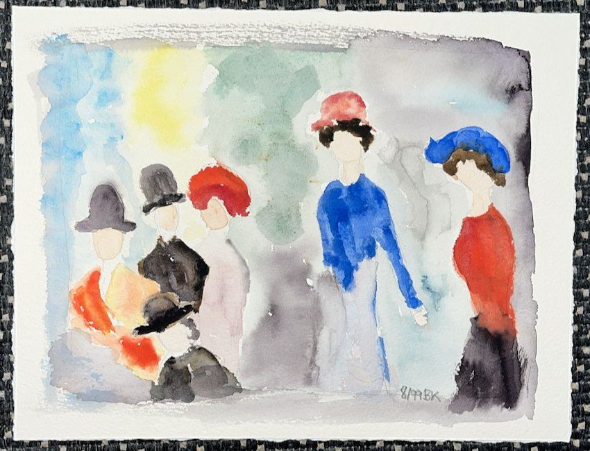 Aquarell, Leute mit Hüten, signiert 1999 BK (ID b4643) (Gebraucht) in ...