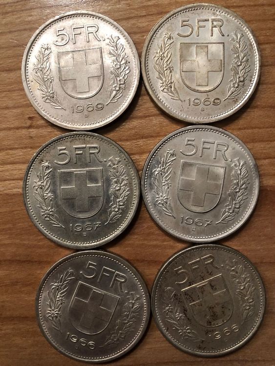 6 fünf Franken Stücke Fünflieber 2 X 1966, 2 X 1967 2 X 1969 (Gebraucht) in Kriens für CHF 59 ...