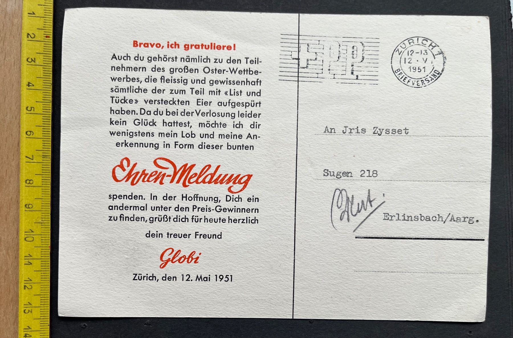 Globi Osterwettbewerb Ehrenmeldung Postkarte 1951 (Gebraucht) in Wabern ...