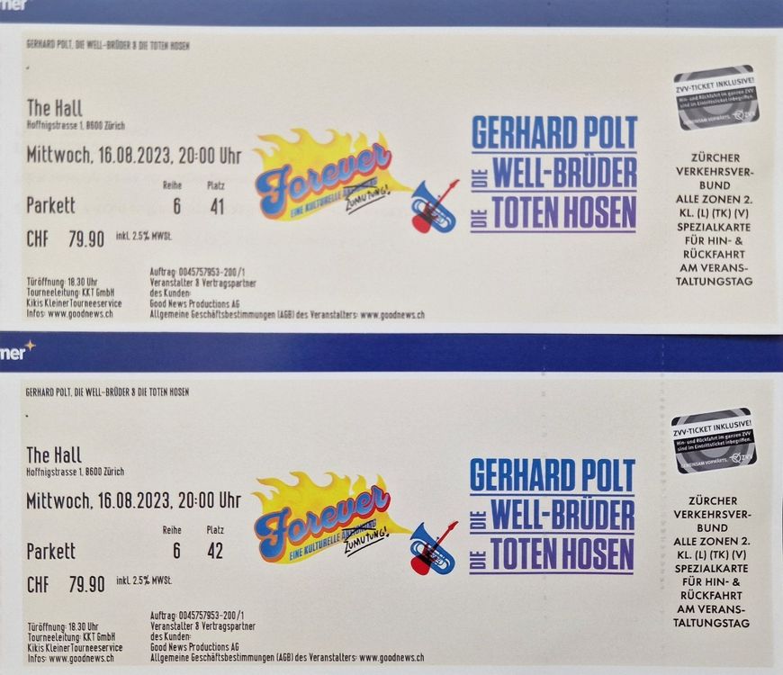 2 x Tickets, 6. Reihe G. Polt, Well-Brüder & Die Toten Hosen (Neu und ...