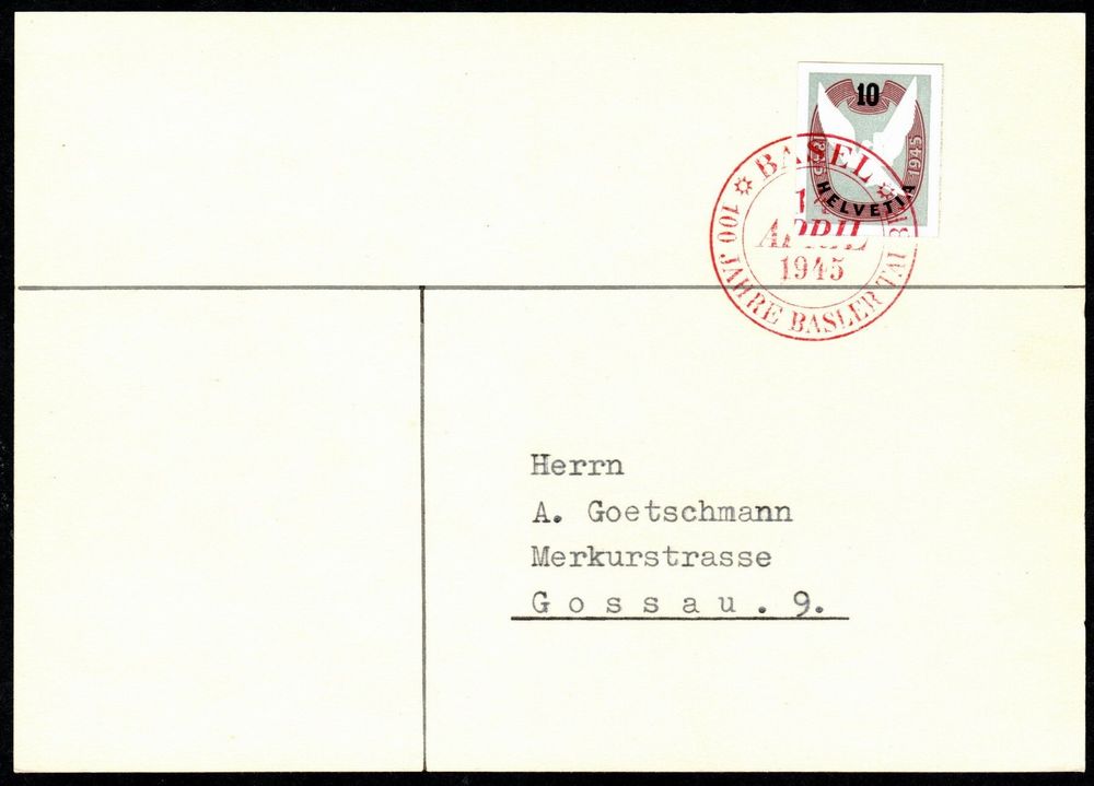 FDC 1945 Ausschnitt Block Basler Taube LUXUS Karte SBK 100.- (Neu und originalverpackt) in ...