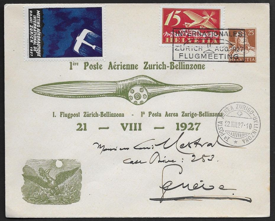 1927 GS Brief illust. 25ct. Flug ZH-Bellinzona Vign. ab 1.- (Gebraucht ...