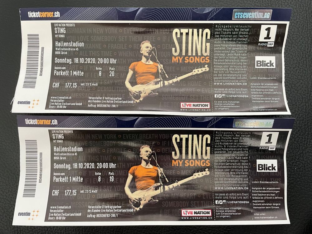 2 Sting Tickets Hallenstadion, Top Plätze, Orig.Preis: 354.- (Neu ...