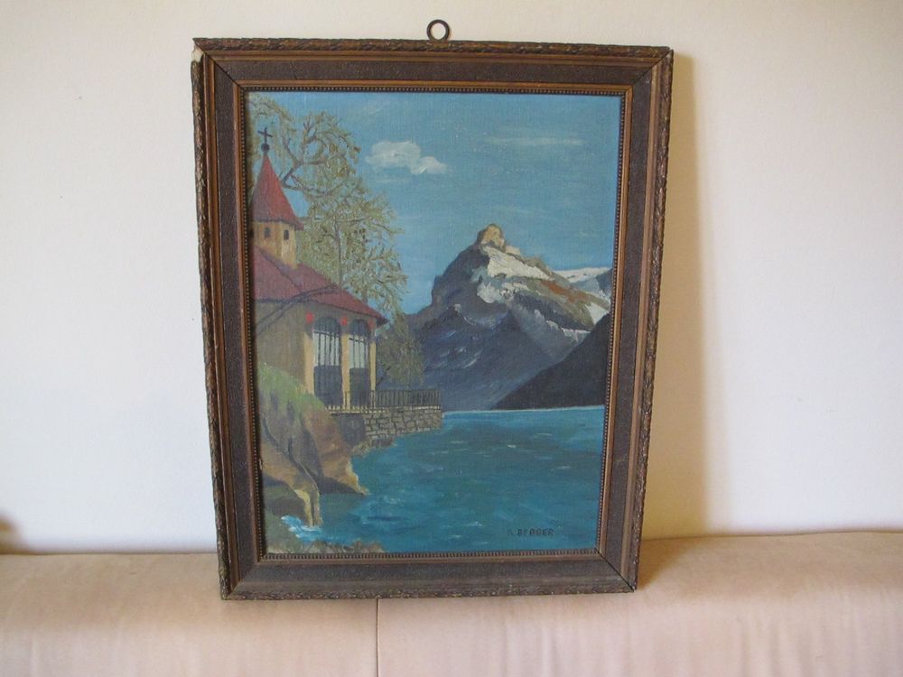 Bild Gemalt Berg Mit See Und Gotteshaus Signiert Sehr Alt (Gebraucht ...