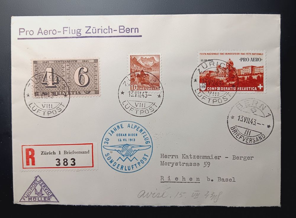 Pro Aero Flug R - Brief Zürich - Bern - Riehen Basel 1943 (Gebraucht) in Holderbank AG für CHF 7 ...
