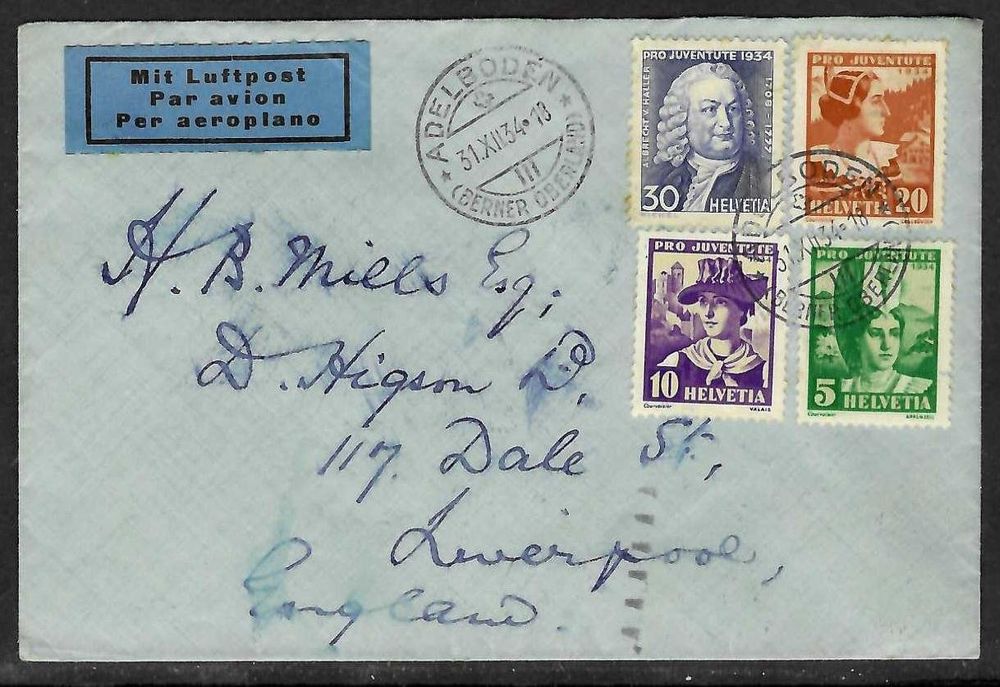 1934/J69-72 Serie a.Luftpost-Bf v.Adelboden n.England(15564) (Gebraucht ...