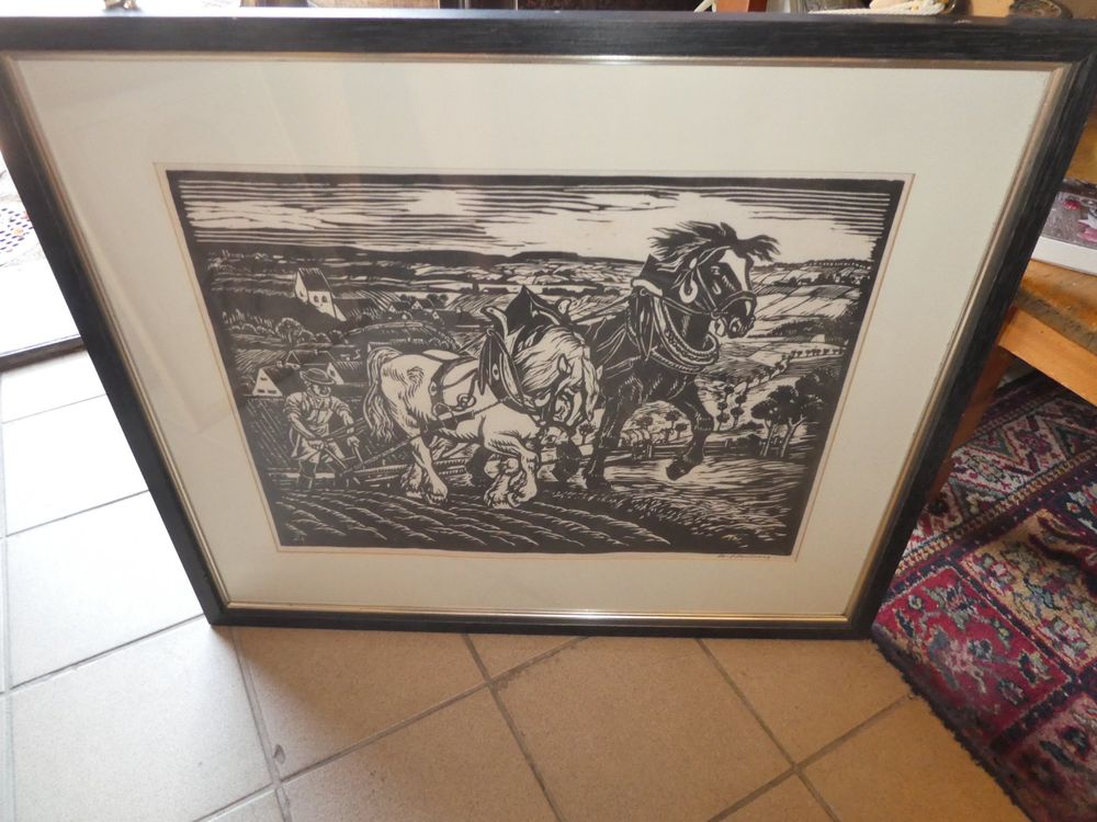 Holzschnitt R.Hafner Pferdegespann Ackerbau gerahmt signiert (Gebraucht) in Chur für CHF 120 ...