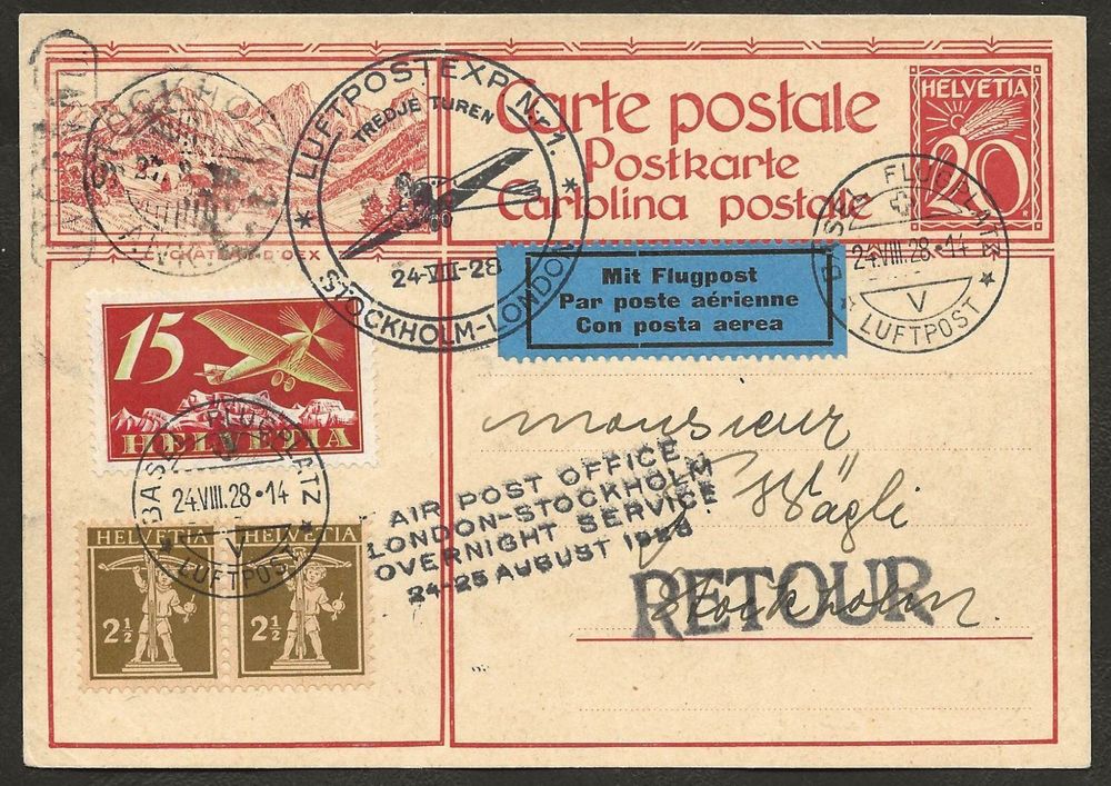 Flugpost Schweiz 1928 Basel Amsterdam Stockholm Luftpost (Gebraucht) in Au ZH für CHF 25 – mit ...