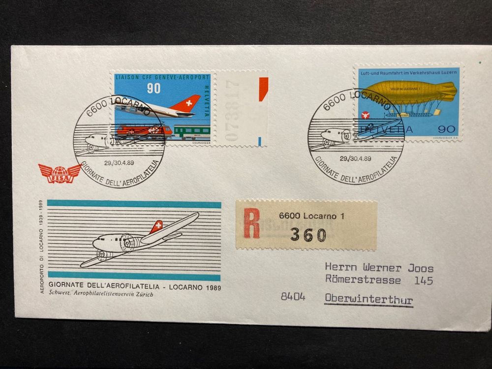 Schweiz 1989 R-Brief Tag d. Aerophilatelie Locarno Magadino (Gebraucht) in Liestal für CHF 2 ...