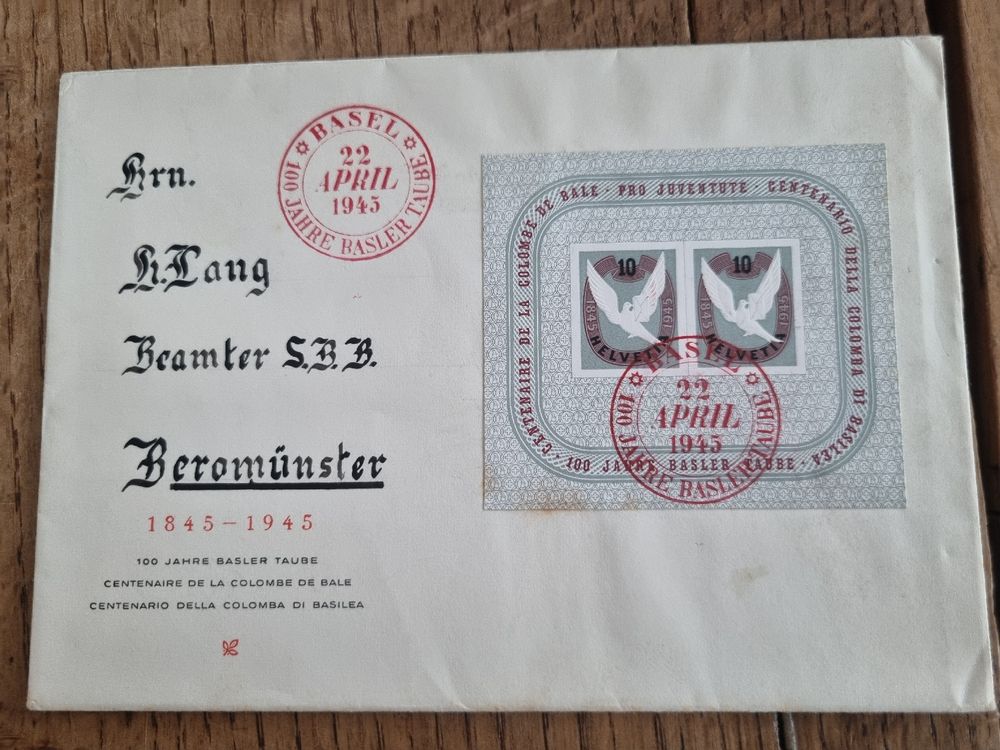 1945 Basler Tauben Block auf Brief (Gebraucht) in Arni AG für CHF 10 – mit Lieferung auf Ricardo ...