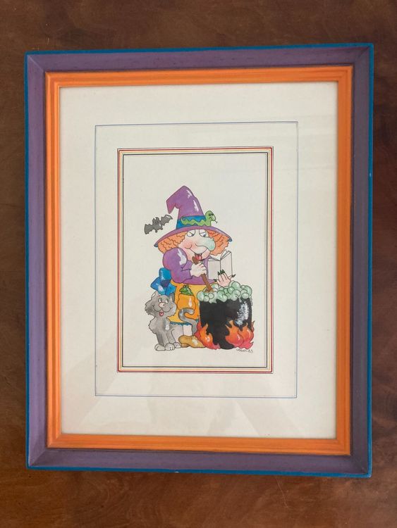 Aquarell Zeichnung Hexe mit Katze signiert gerahmt/Glas | Kaufen auf Ricardo