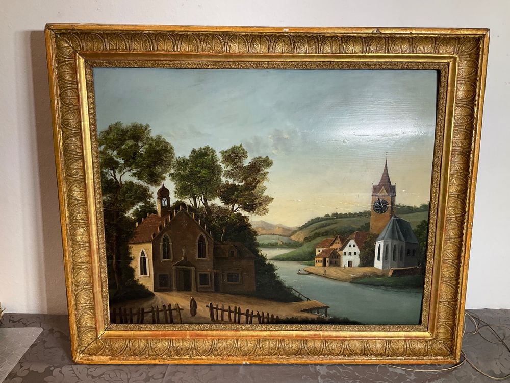 Antique Tableau peinture 19emes siècles avec pendule horloge | Kaufen ...