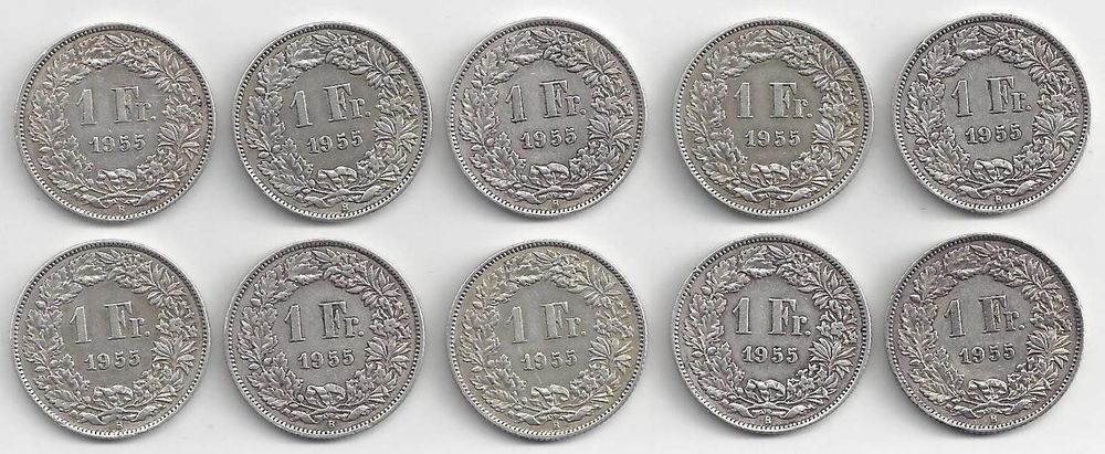10 Schweizer Silber 1 Franken-Münzen alle von 1955 (Gebraucht) in Zürich für CHF 186 – mit ...