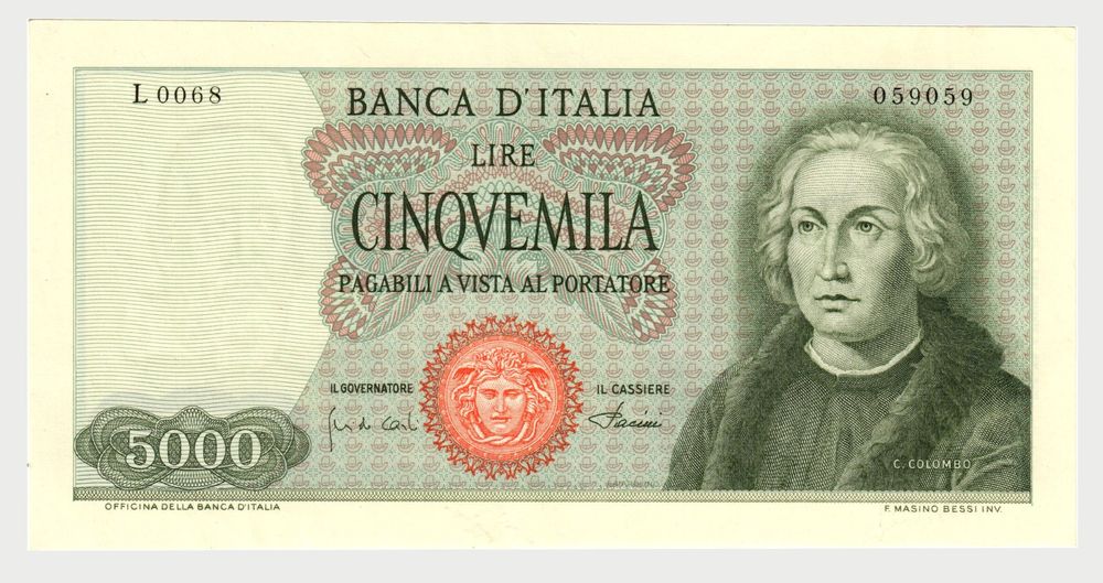 a- Italien, 5000 Lire Colombo 04.01. 1968 L (Usato) a Chiasso per CHF ...
