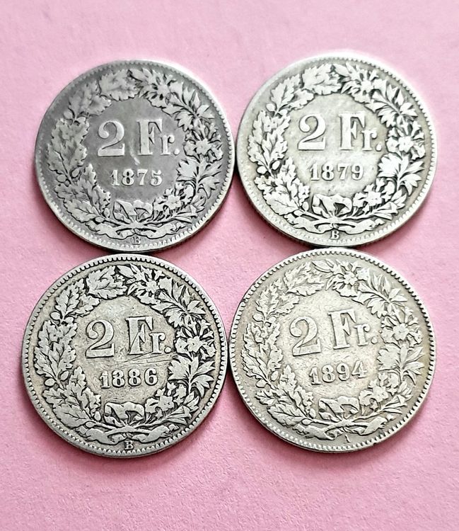4 X 2 FRANKEN SILBERMÜNZEN 1875 + 1879 * 1886 * 1894 * URALT (Gebraucht) in Siglistorf für CHF ...