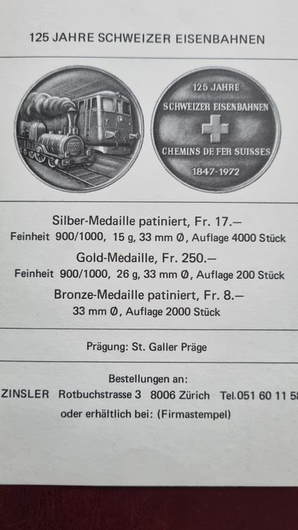 Silbermedaille 125 Jahre Schweizer Eisenbahnen | Kaufen auf Ricardo