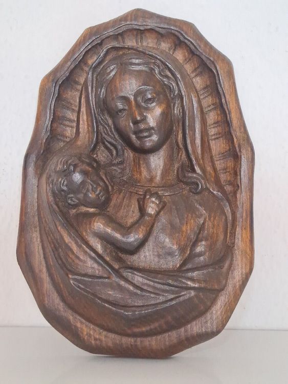 Antiquität Heilig Maria Jesus Holz Schnitzerei Eiche (Gebraucht) in ...