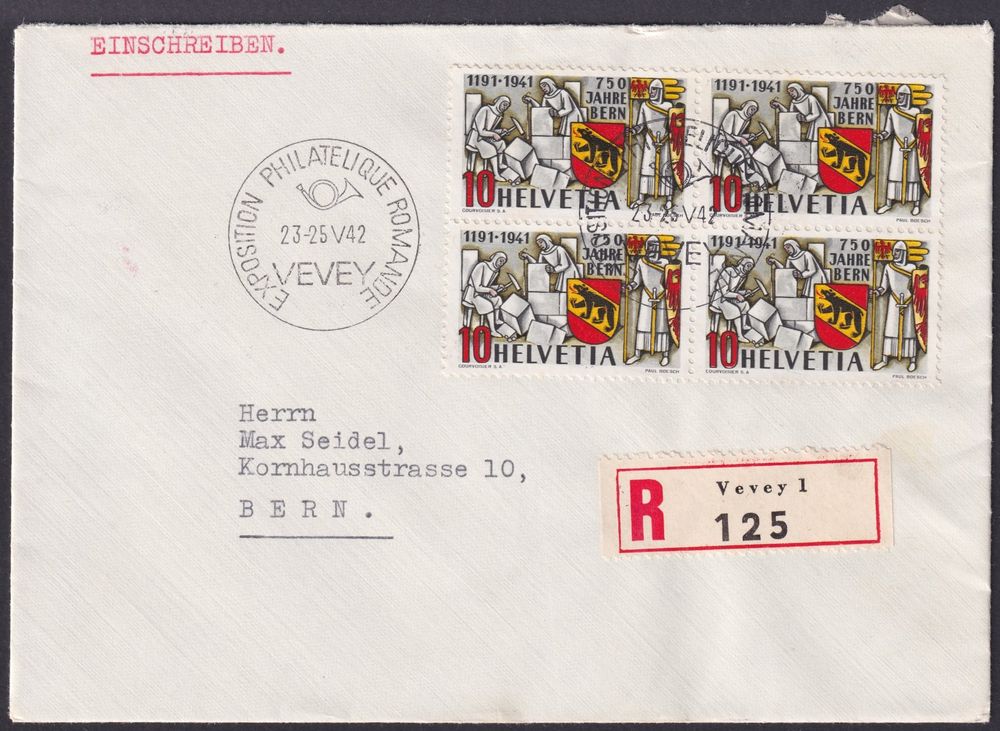 1942, VEVEY (Ausstellung) Nr.253.(c) im Viererblock (Gebraucht) in Sursee für CHF 19.9 – mit ...