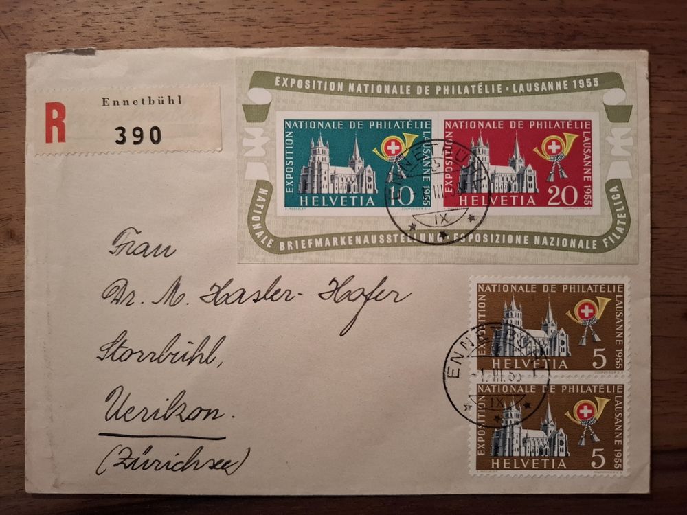 Philatelie: Lausanne 1955 Umschlag frankiert + gestempelt (Gebraucht) in Stäfa für CHF 10 – mit ...