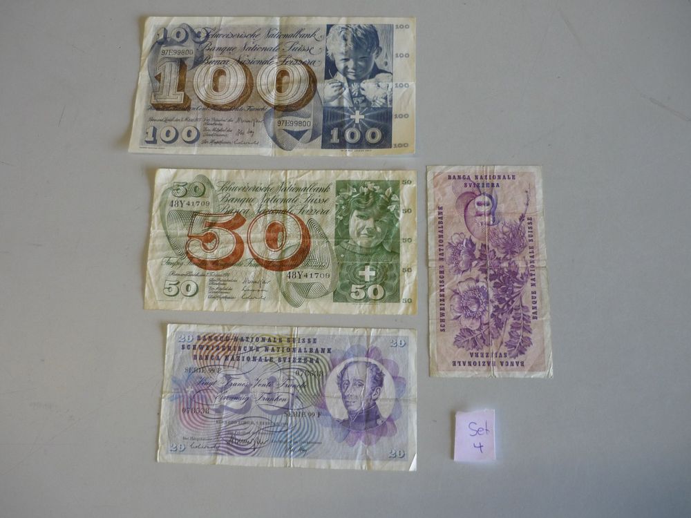 4 alte Schweizer Banknoten (Set 4)100 50 20 10 Franken Noten (D ...