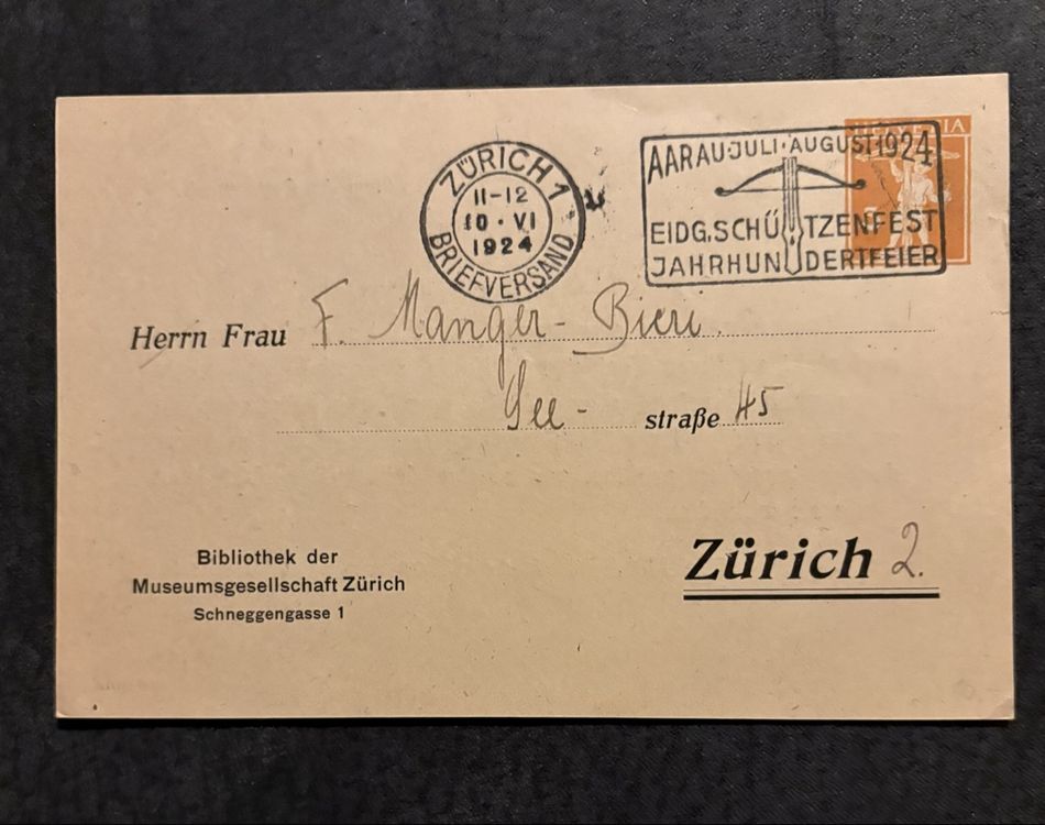 Rare! Enveloppe Zurich 1924, Fête de tir centenaire (Gebraucht) in Carouge GE für CHF 8 – mit ...