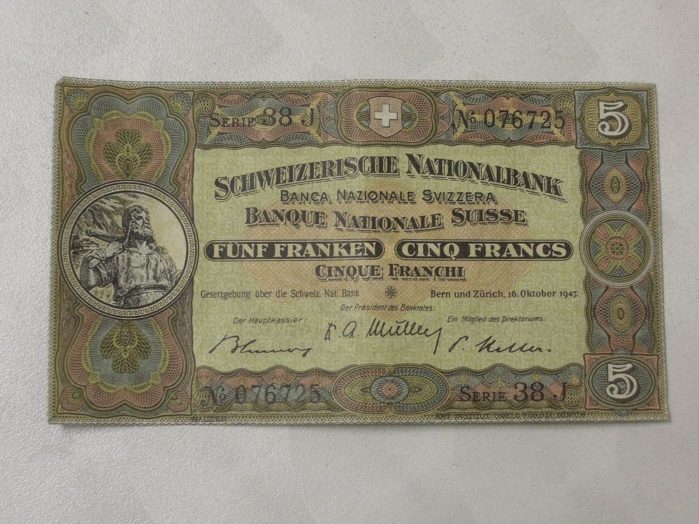 CH Banknote 5 Franken Serie 38 J 1947 Sehr wenig gebraucht (Neu (gemäss ...