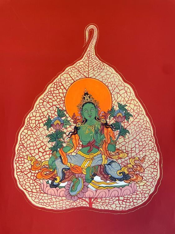 Tibetische Thangka：Grüne Tara auf Bodhi-Blatt No.1 (Neu und ...