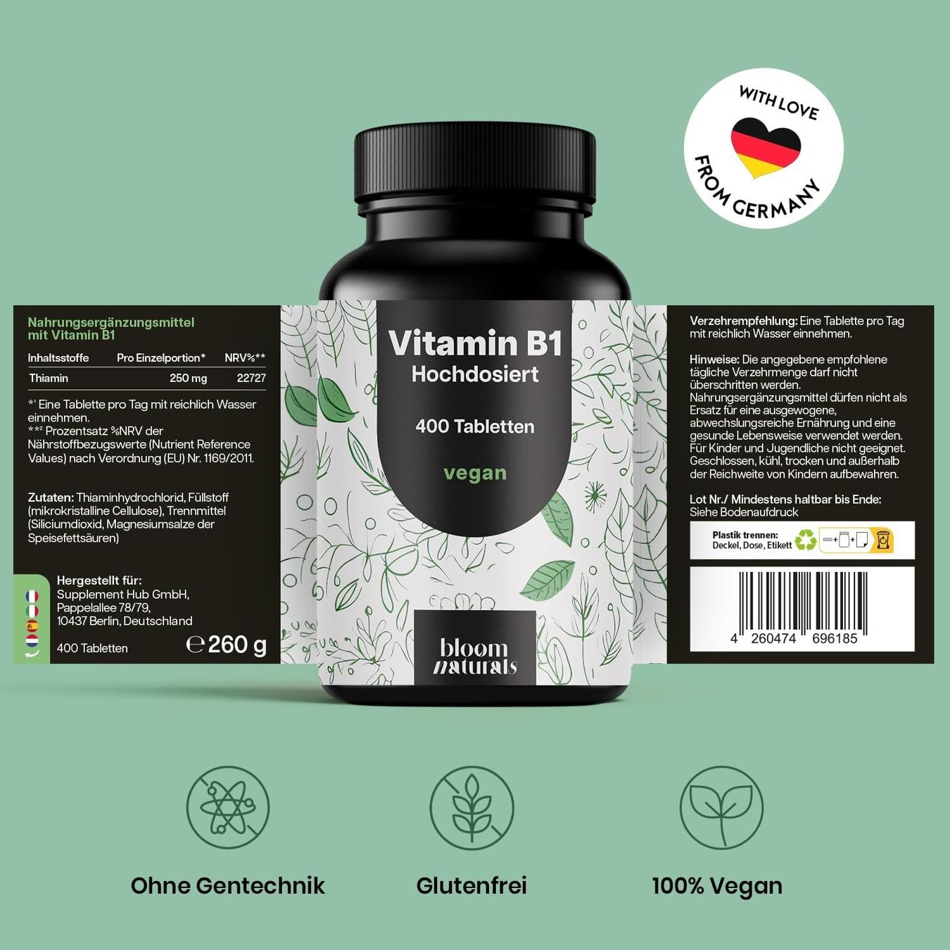 Vitamin B1 250 mg – 400 vegane Tabletten, Made in Germany (Neu und ...